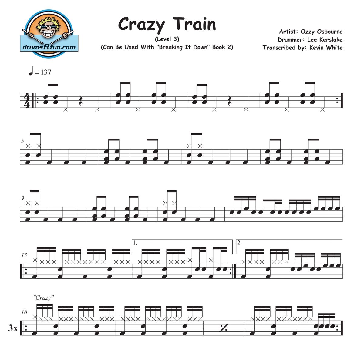 Ozzy Osbourne, Crazy Train Drum Transcription Level 3